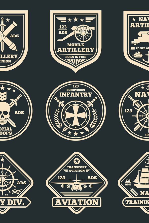 Vintage military and army vector emblems, badges and labels