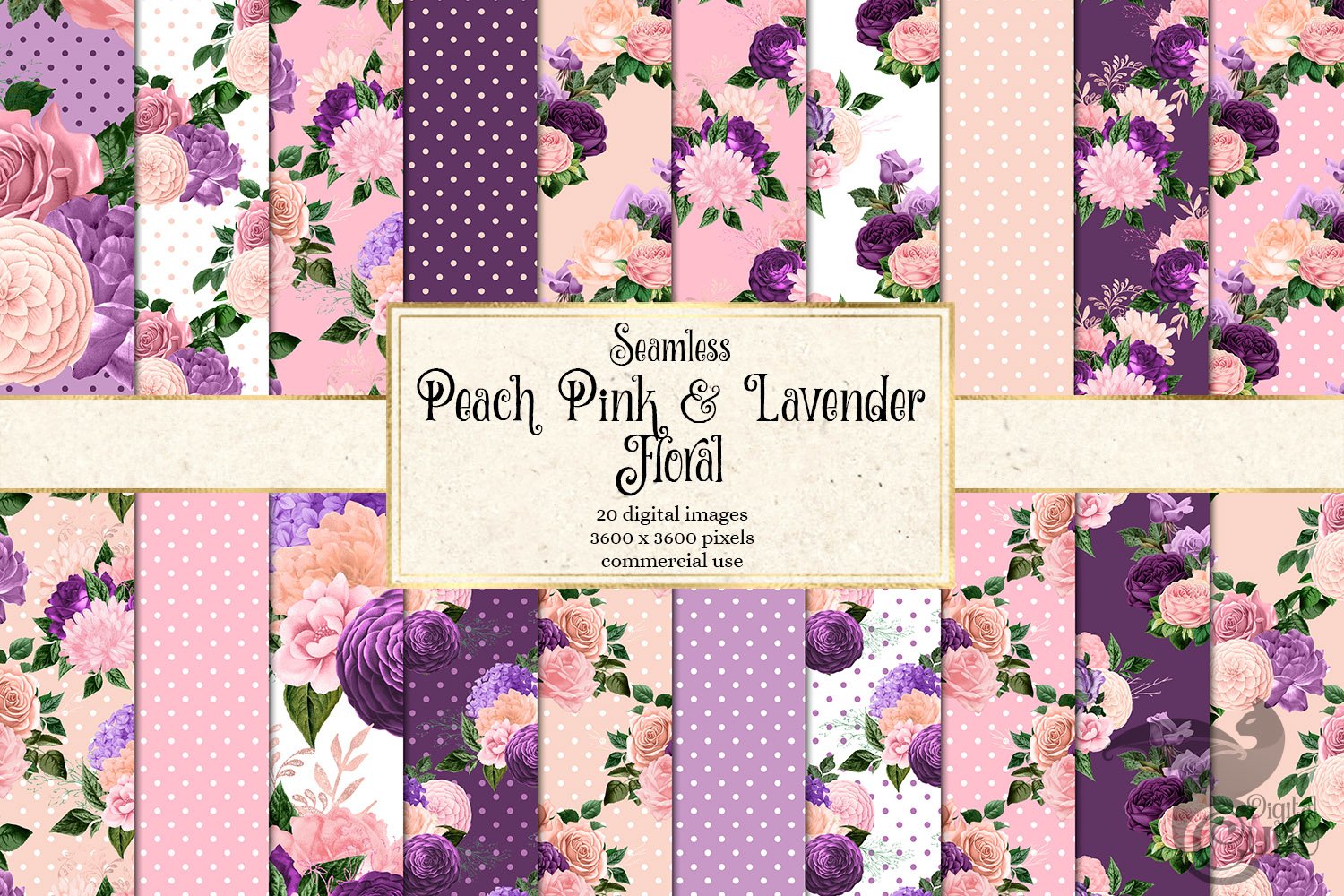 Peach Pink and Lavender Floral Digital Paper