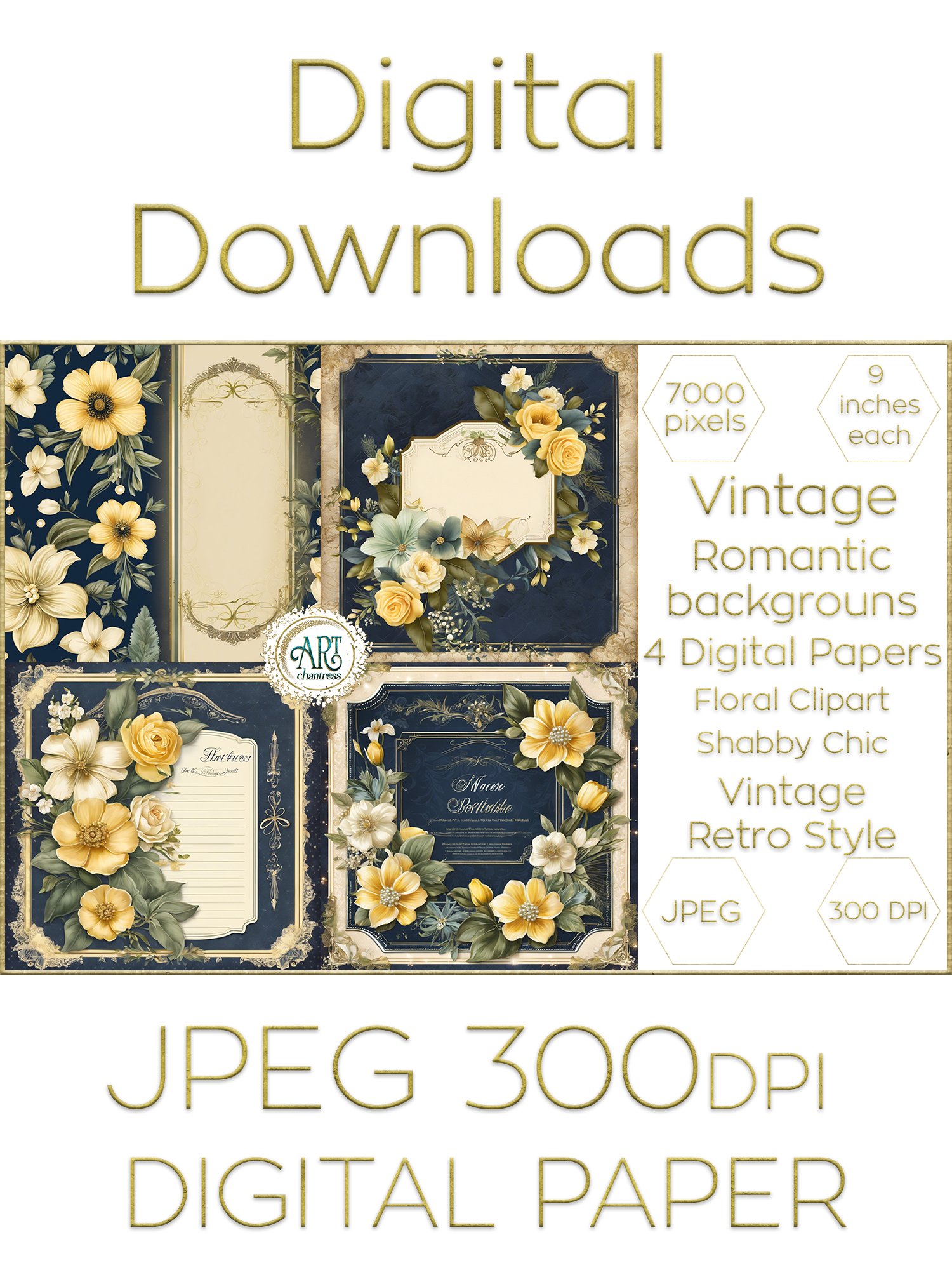 Vintage Floral Navy Yellow Old Romantic Retro Digital Papers