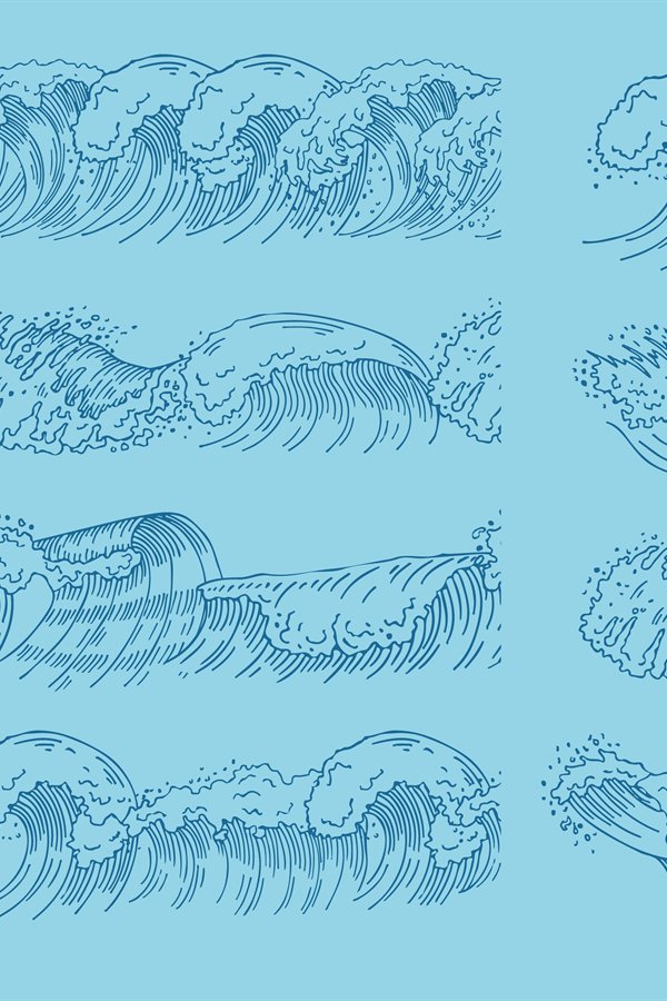Drawing ocean waves. Seamless pattern or border wave and ele