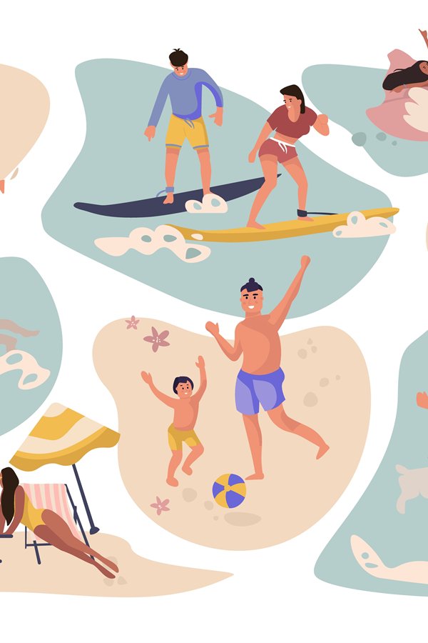 People beach activities. Cartoon characters on summer vacati