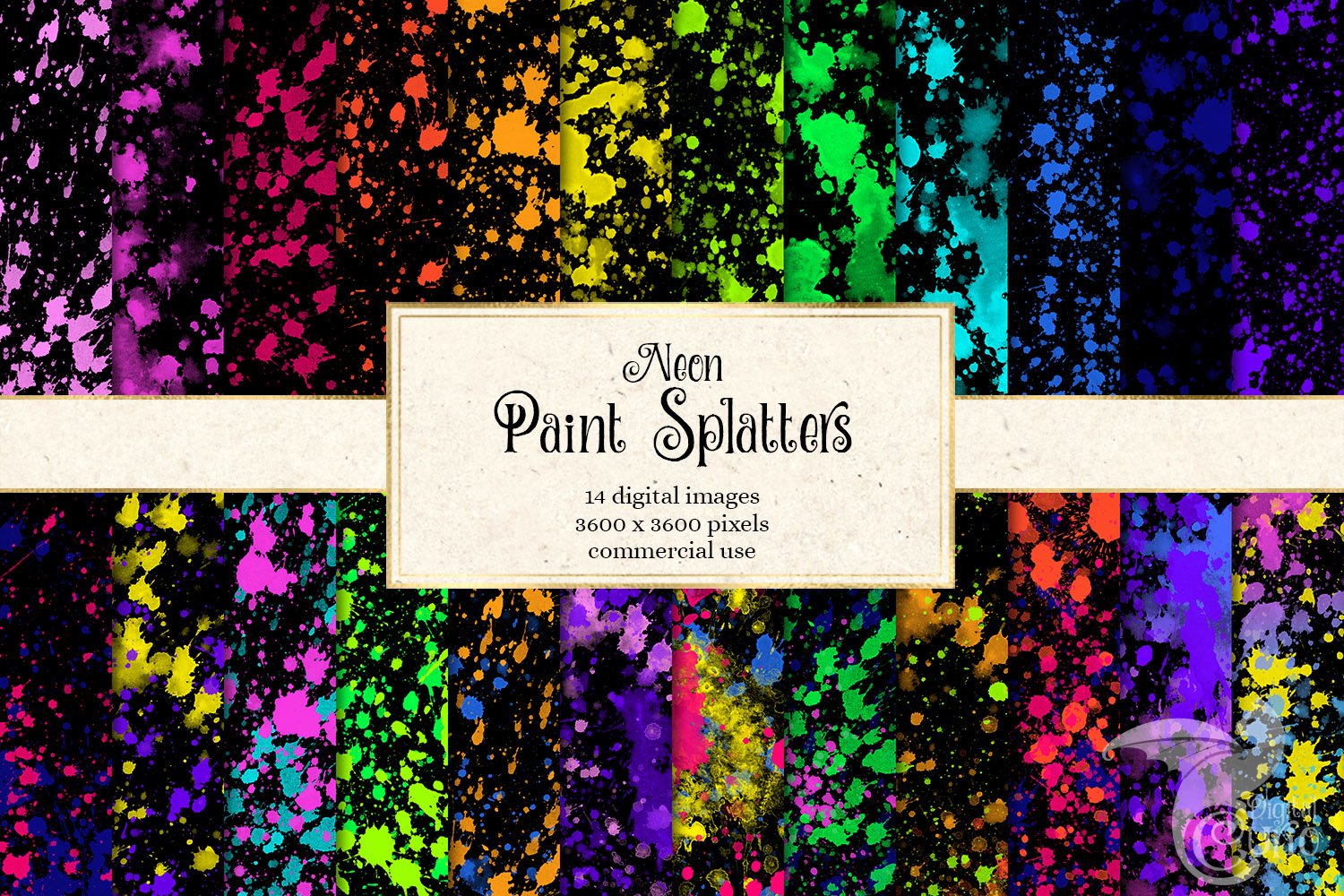 Neon Paint Splatters Digital Paper (574348)