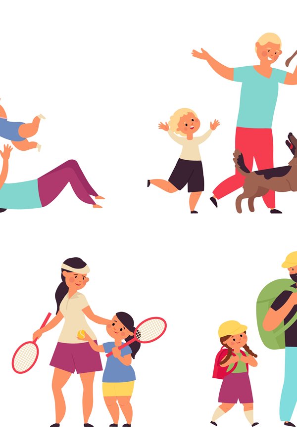 Cartoon parents with children. Nurturing family, woman nurtu