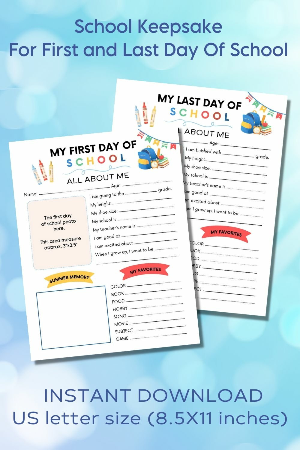 School Keepsake For First and Last Day Of School Printable