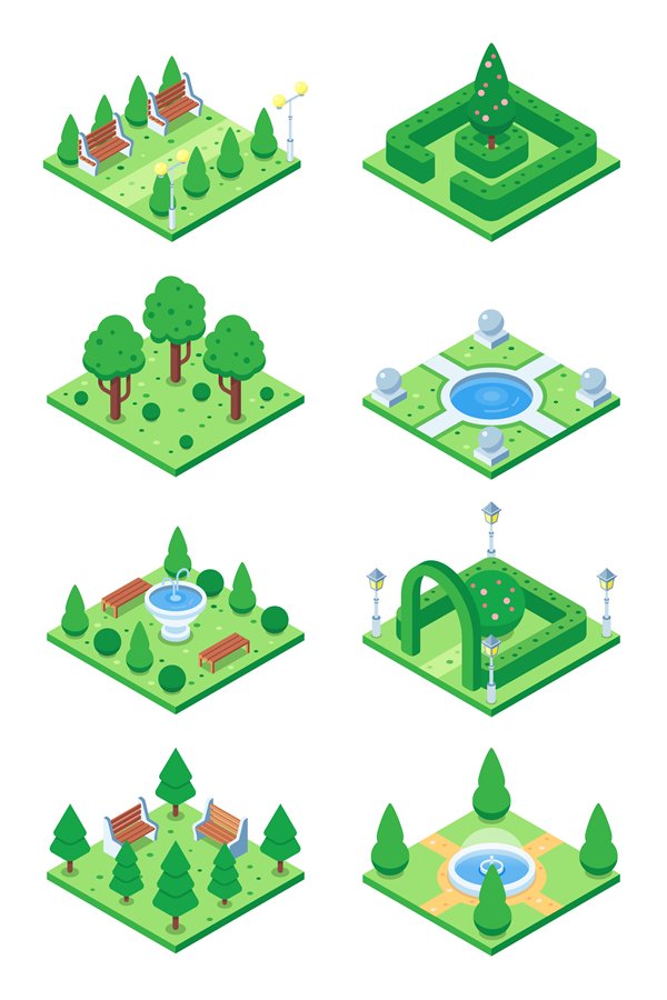 Isometric green park or garden trees. Fountain and bushes, b
