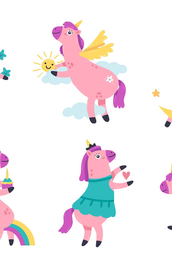 Cute unicorns. Funny hand drawn rainbow unicorns, magic fair