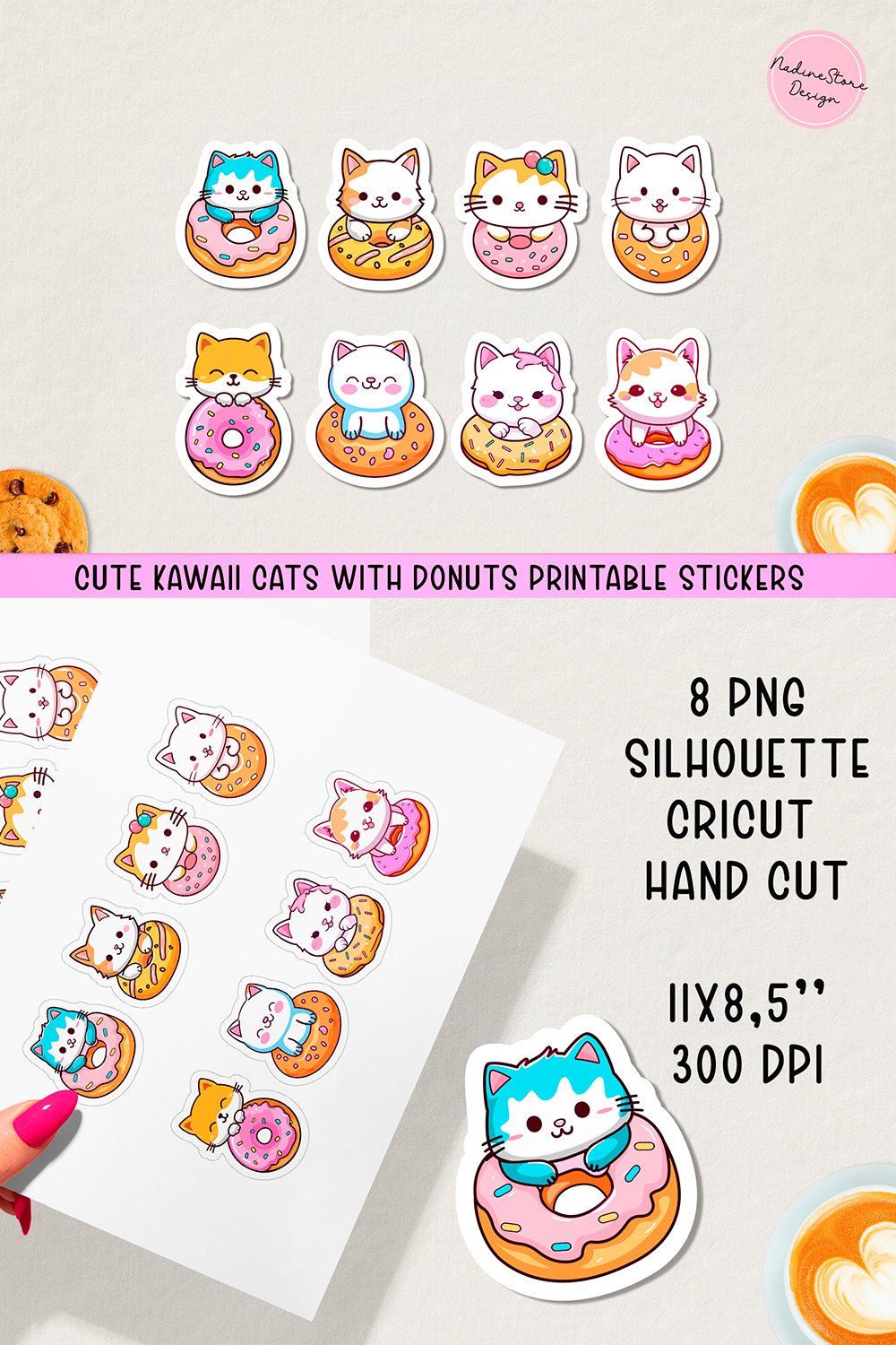 Cute kawaii cats with donuts printable stickers.