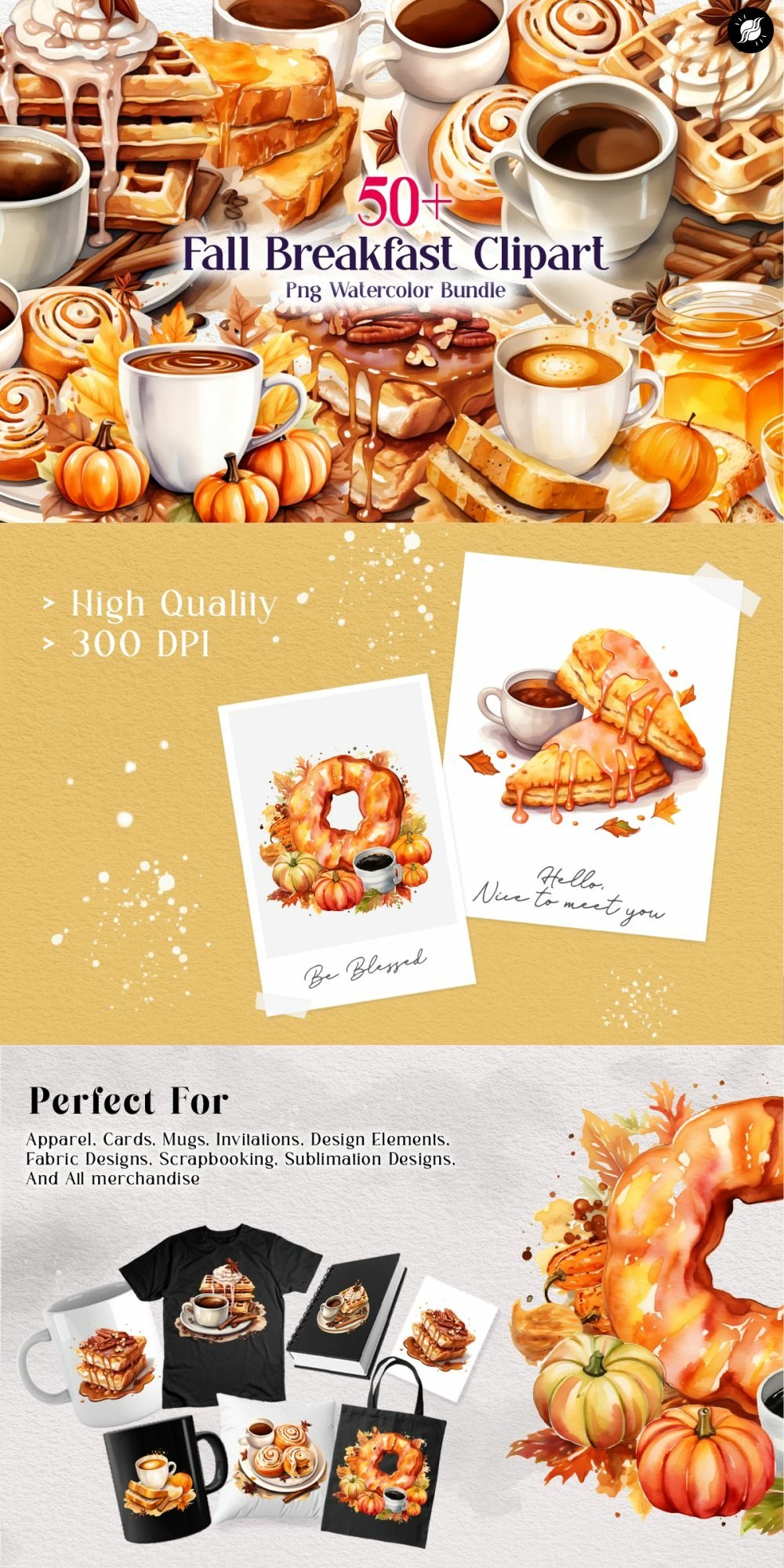 Fall Breakfast Clipart PNG Bundle, Food and Drink Watercolor