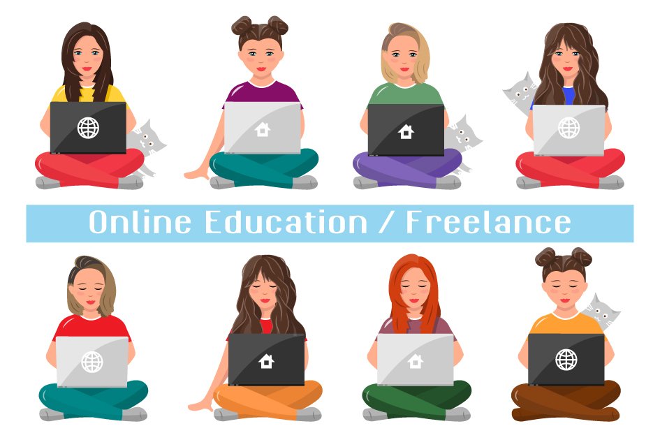 Set of girls behind a computer