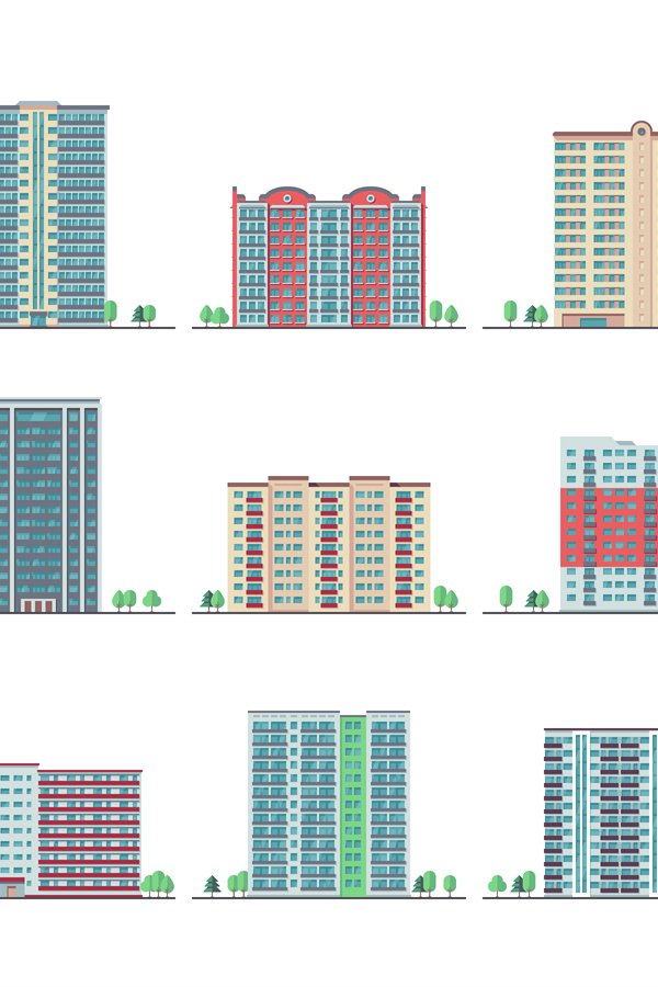 Modern city apartment buildings flat vector set