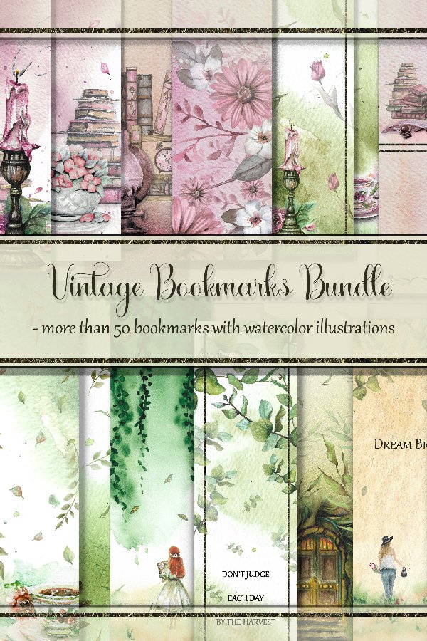 Watercolor Bookmarks Bundle with Vintage Illustrations