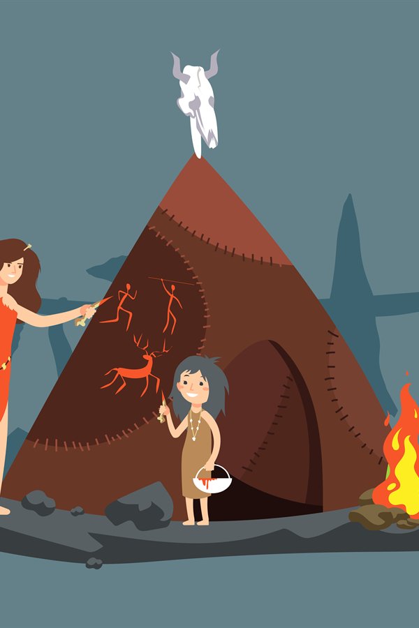 Stone age vector illustration. Cartoon neolithic woman and g
