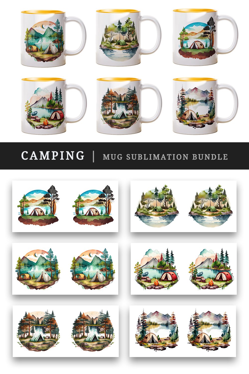 Watercolor camping mug, cup wrap sublimation design bundle