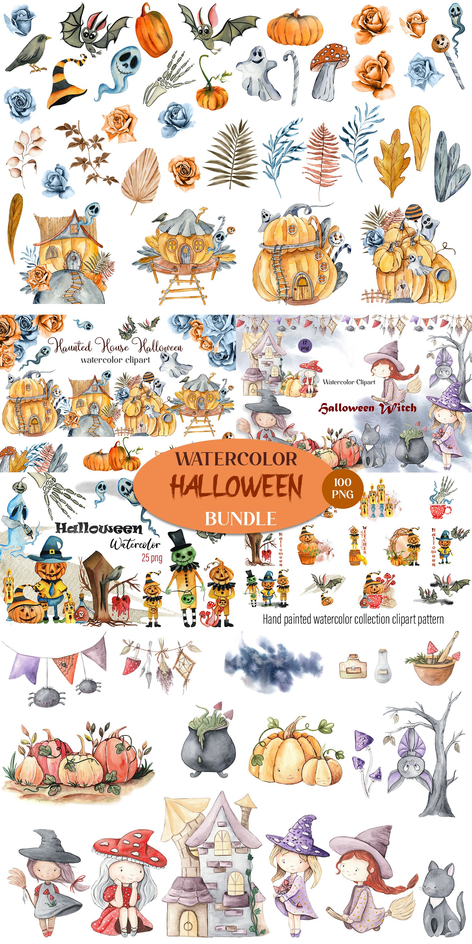 Halloween bundle. Watercolor clipart. 100 png elements