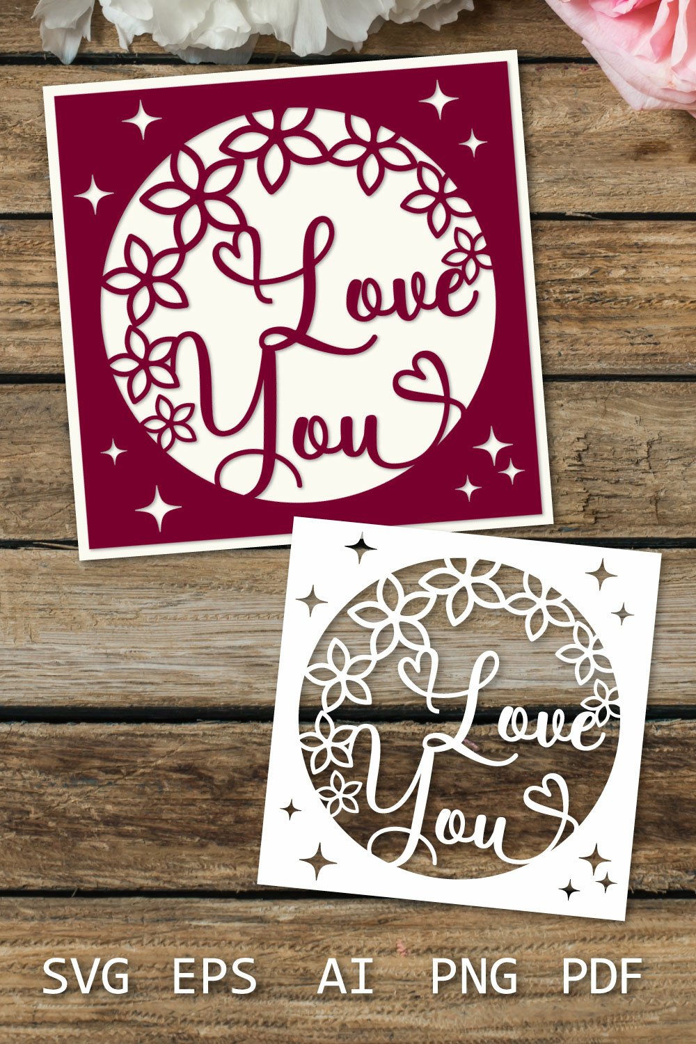 Love You card paper cut, Valentines card design SVG