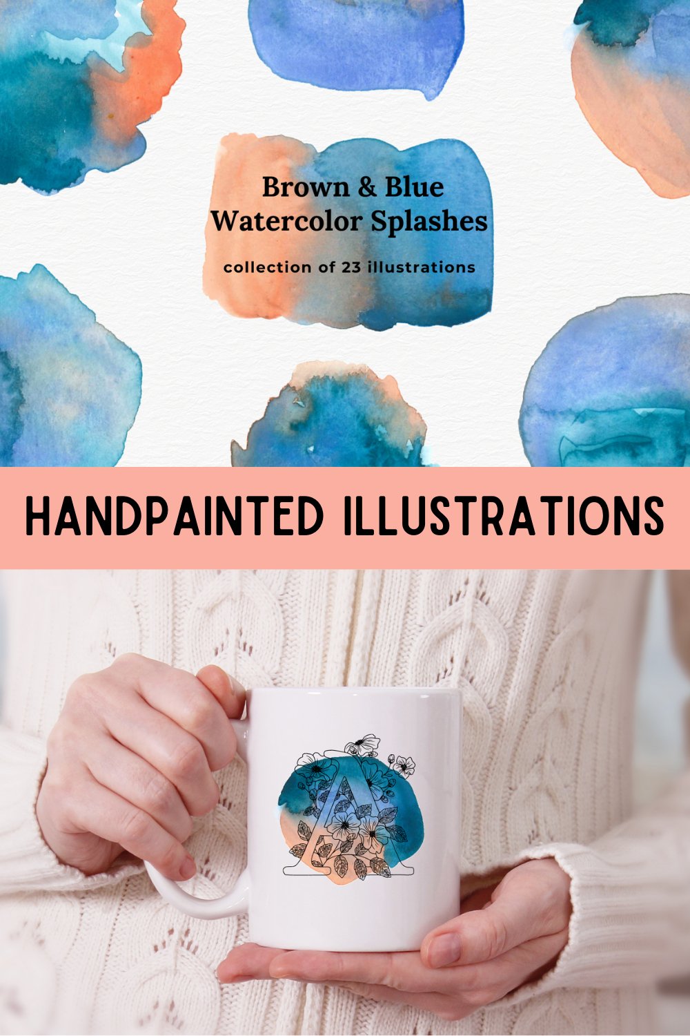 Brown and blue watercolor splash illustrations