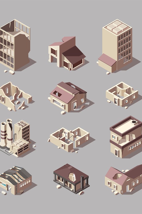 Destroyed buildings. Damaged urban isometric architectural o