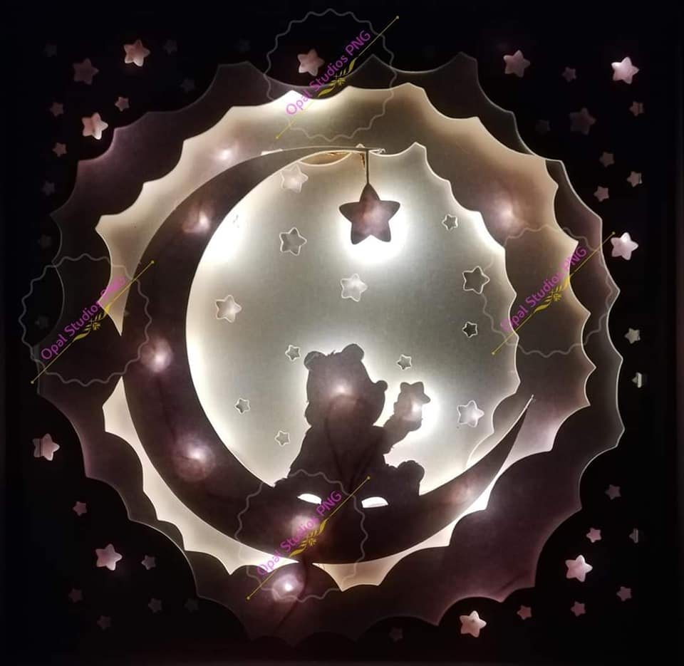 Catching stars bear on moon 3d layered shadow box light box
