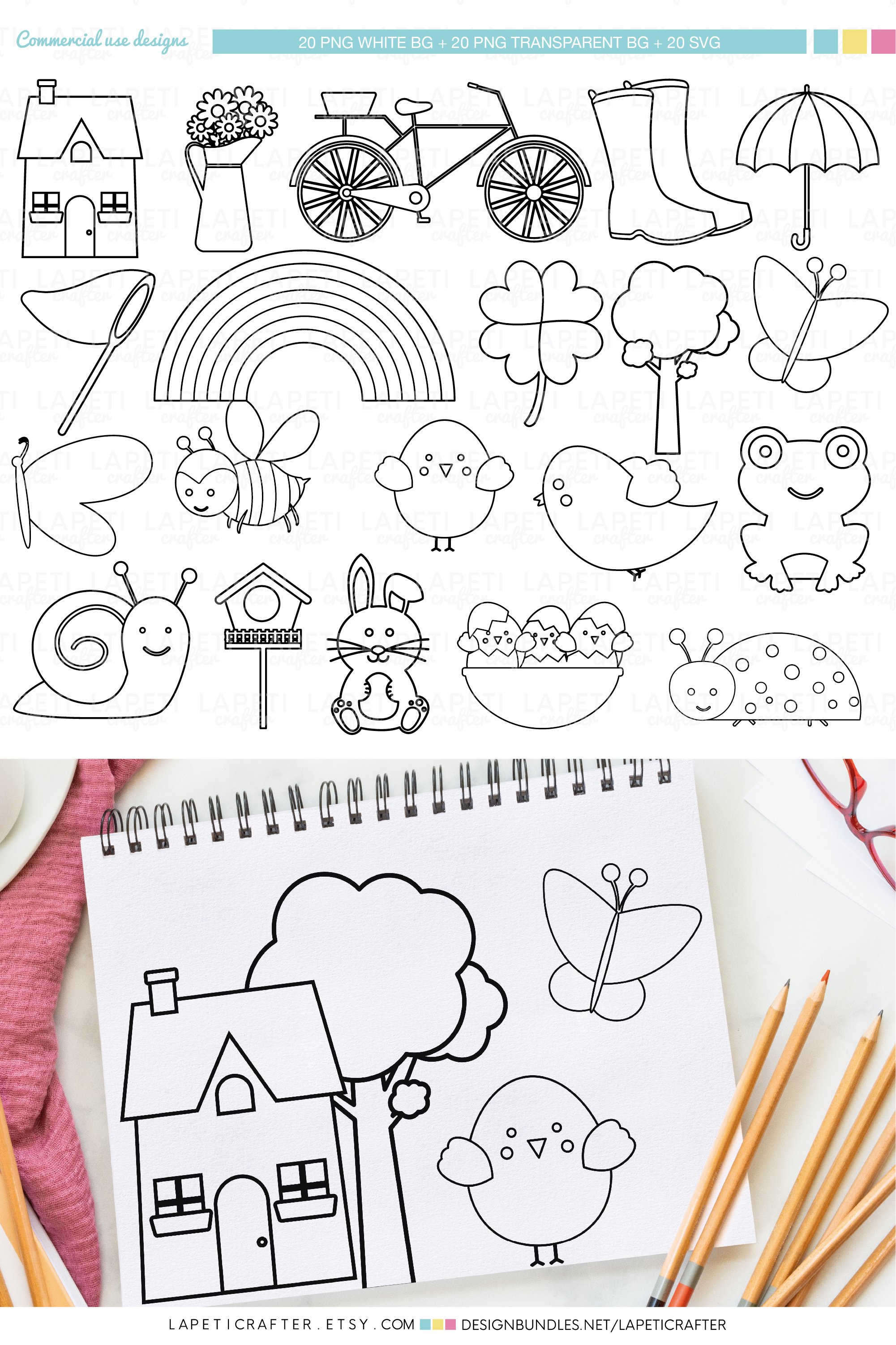 Spring digital stamp for coloring | 20 png and svg files