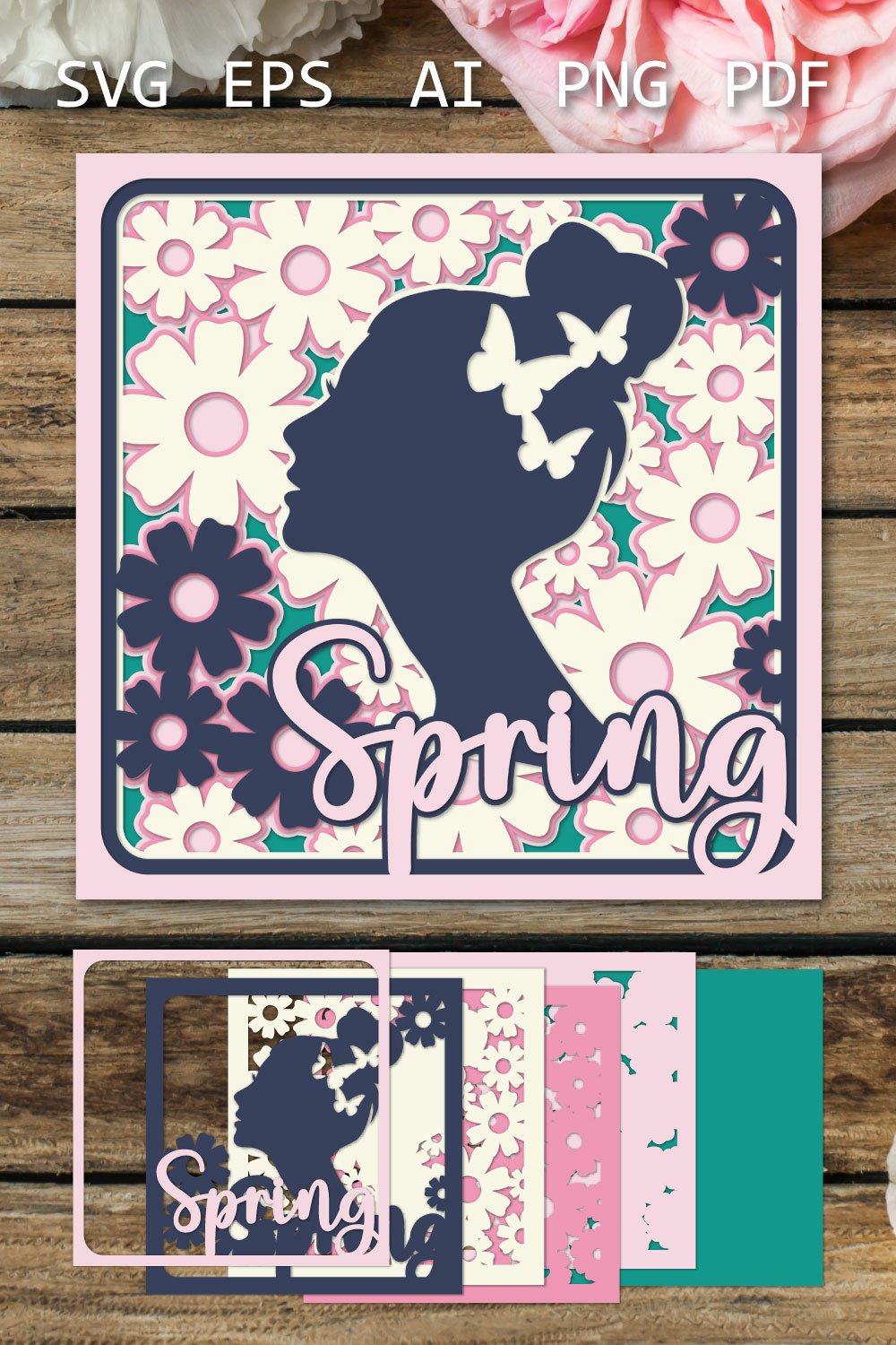 Spring Layered papercut card, Spring Girl shadow box SVG