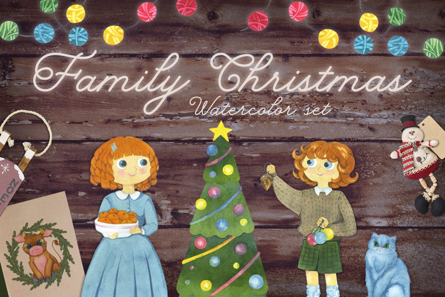Family Christmas. Set of watercolor elements.