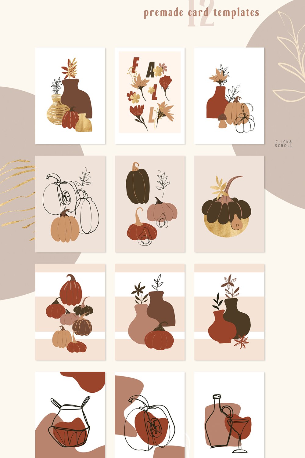 Abstract fall line art printable cards bundle
