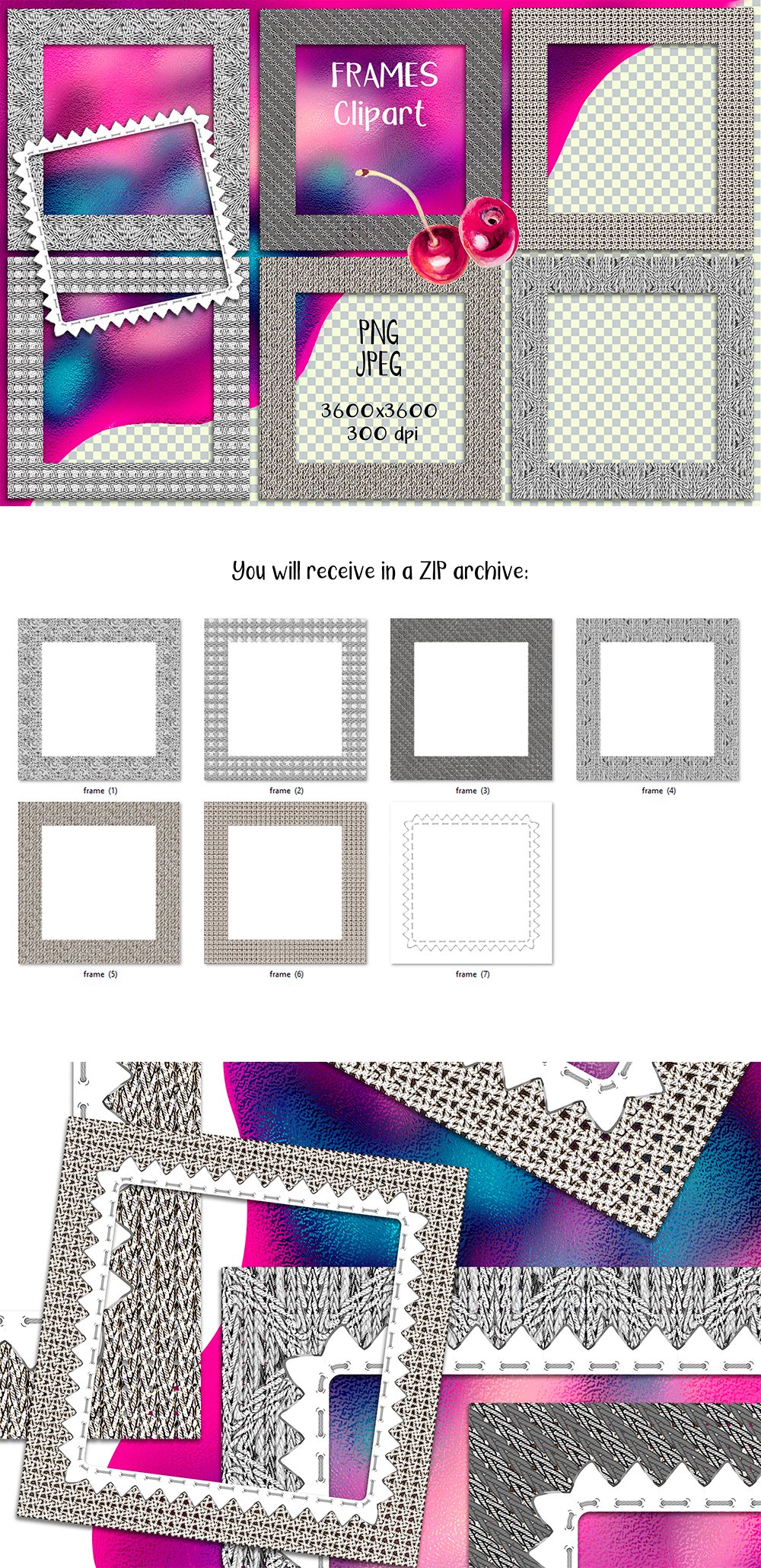 7 Square frames-PNG-Knitted abstract borders,monochrome