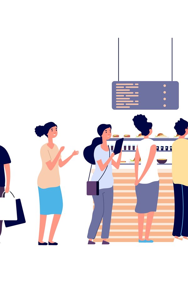 Cafe queue. People wait food, street food restaurant. Salad