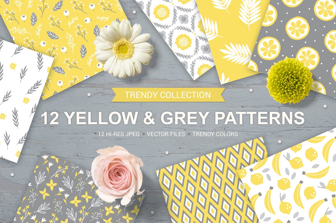 12 Yellow & Grey Seamless Patterns