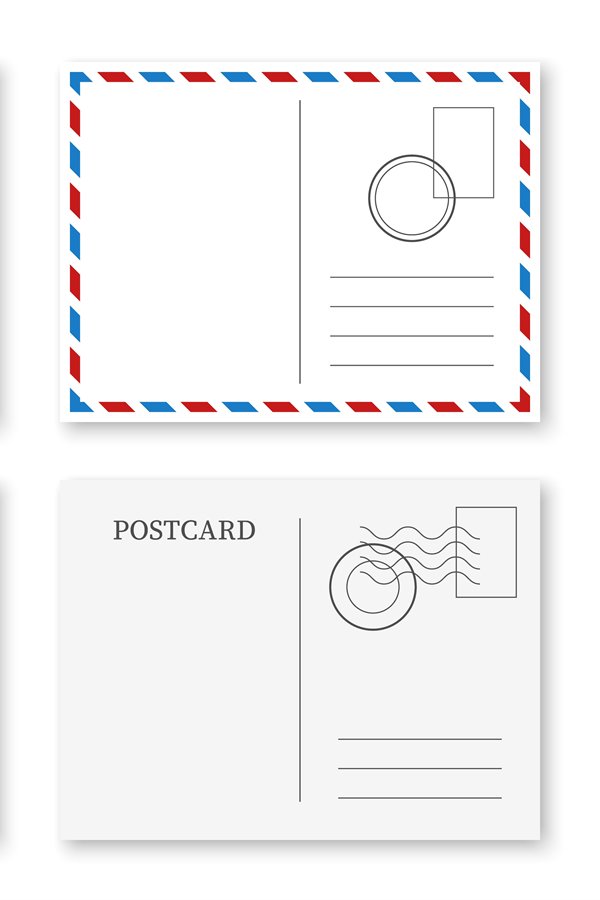 Postcard template. Blank vintage postal card with post stamp