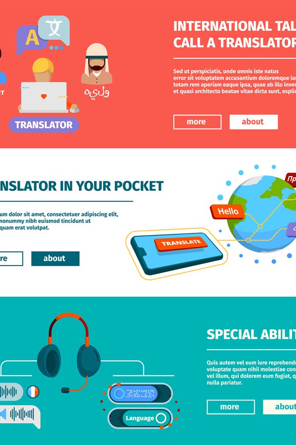 Translator banners. Horizontal pictures with app translation