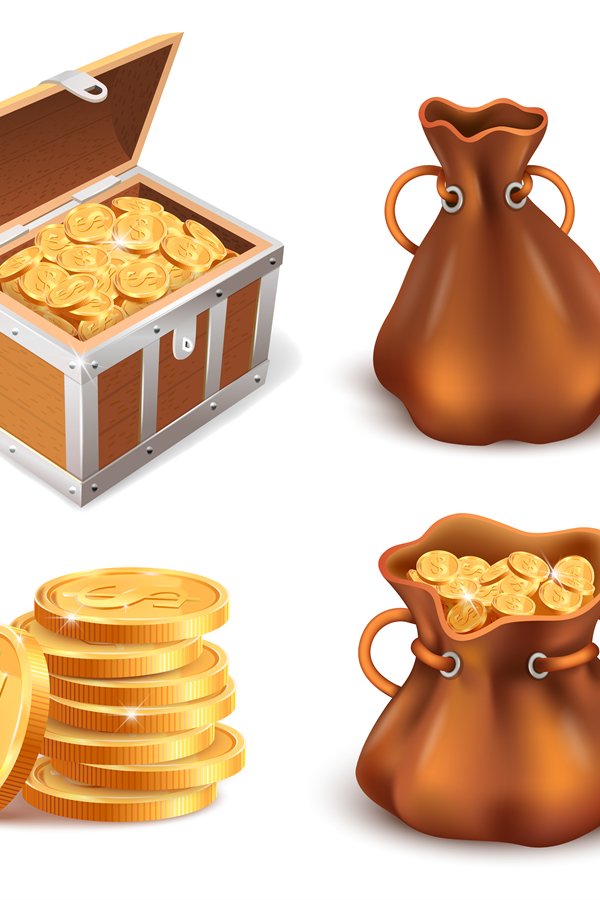 Realistic golden treasure. Coins stack, wooden treasure