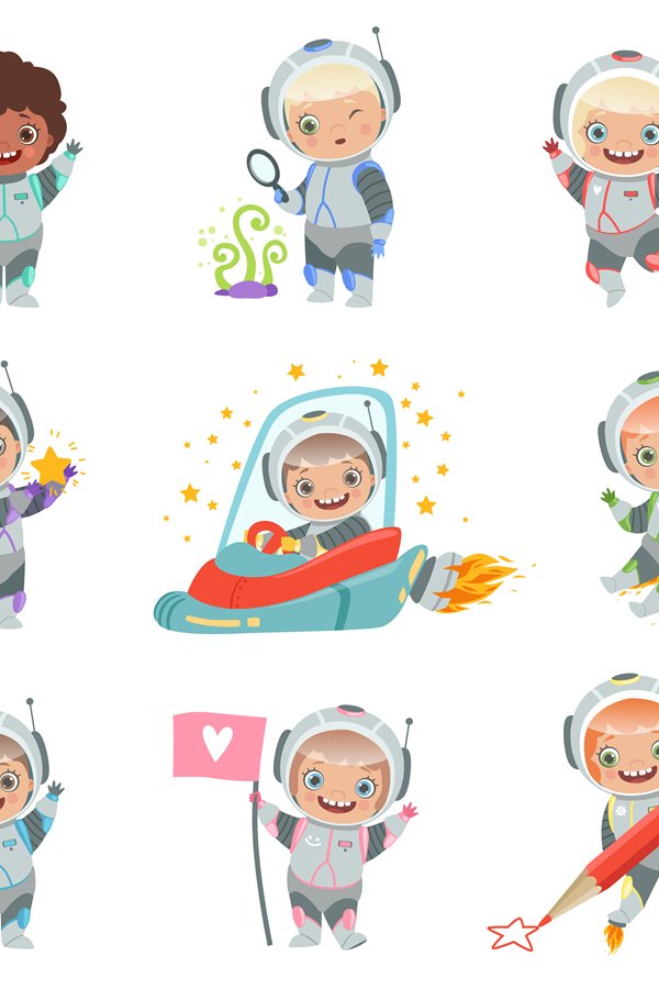 Childrens in space. Kids astronauts funny vector characters