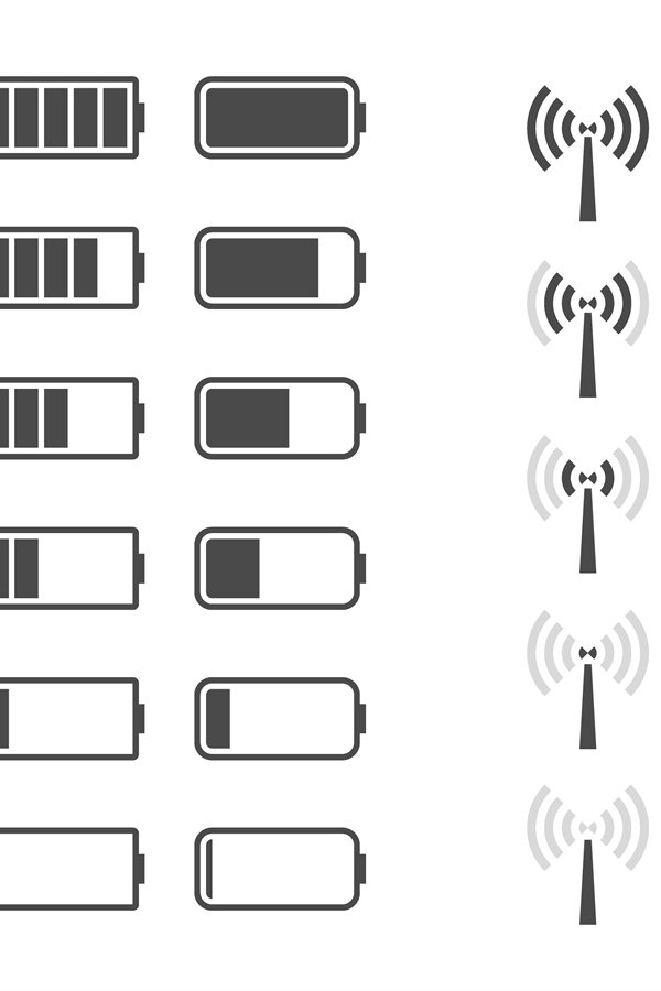 Wifi signal level. Battery charge black sign, mobile network