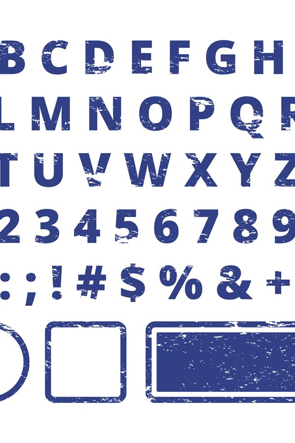 Rubber stamp font. Red letters and numbers template typograp