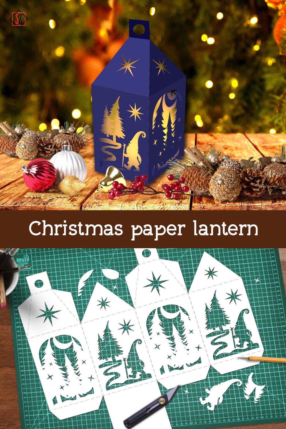 Christmas paper lantern. Dwarf in the forest