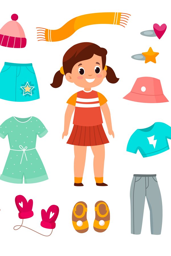 Girl clothes. Childish female fashionable apparel collection