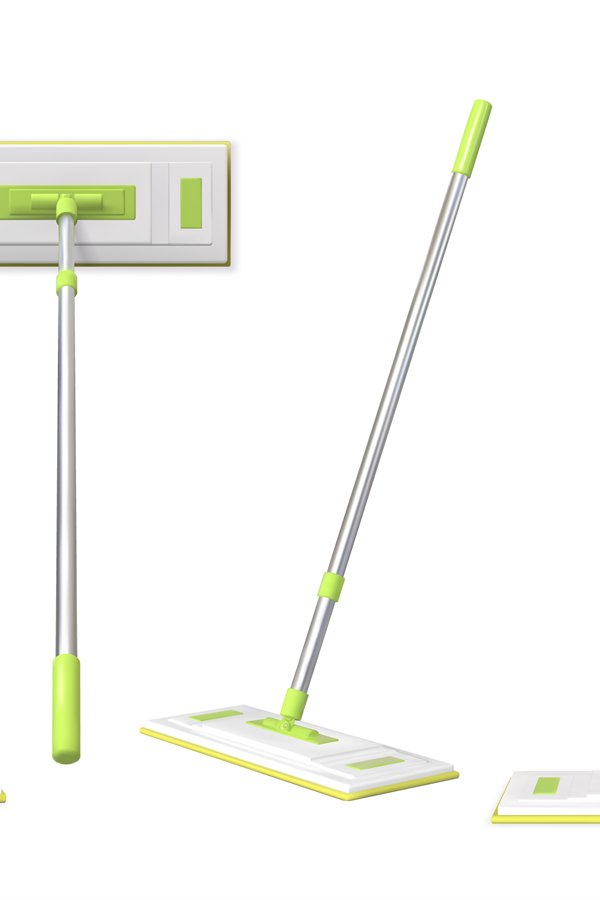 Realistic 3d floor cleaning mop with rag and plastic handle.