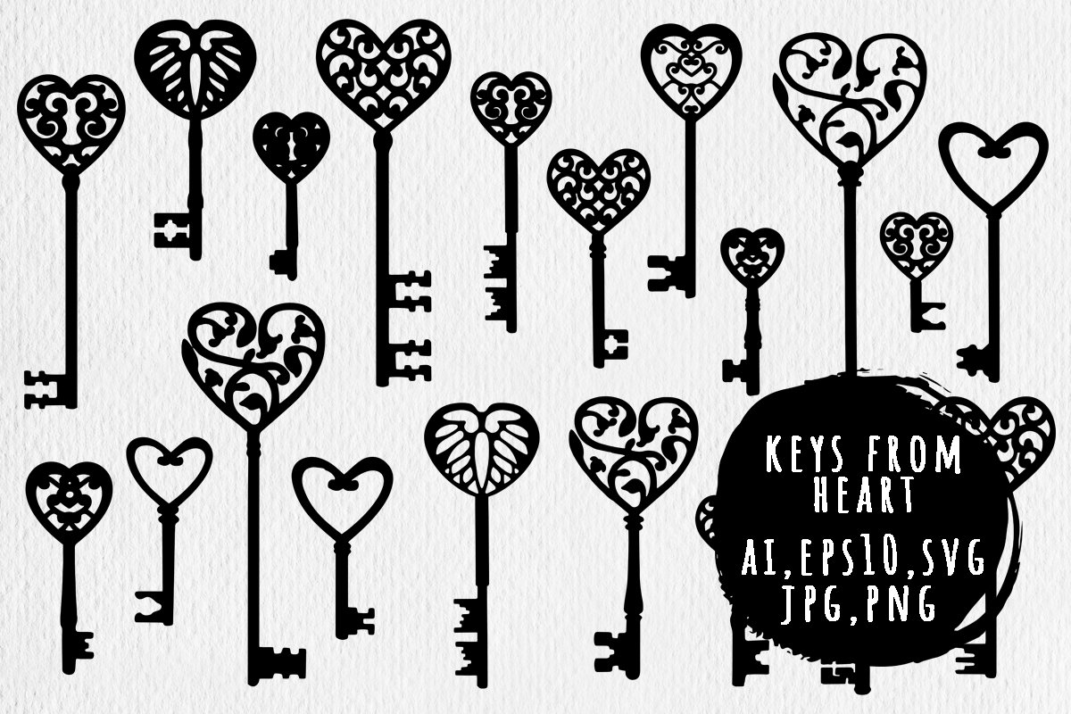 Decorative silhouettes. Keys from heart papercut