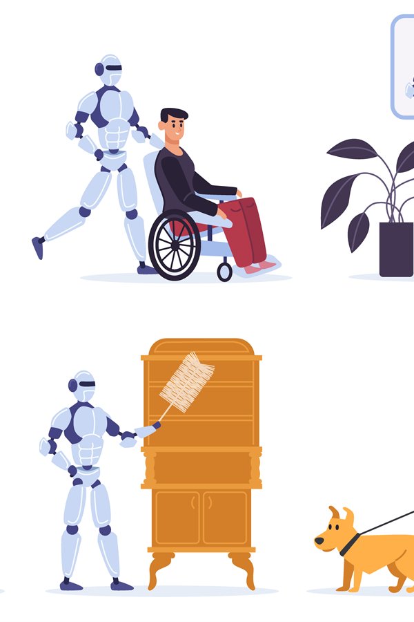 Robot helps human. Artificial intelligent assistant