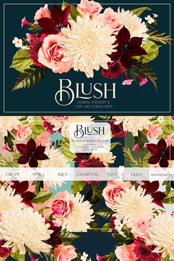 Blush Floral Patterns & Clipart Collection