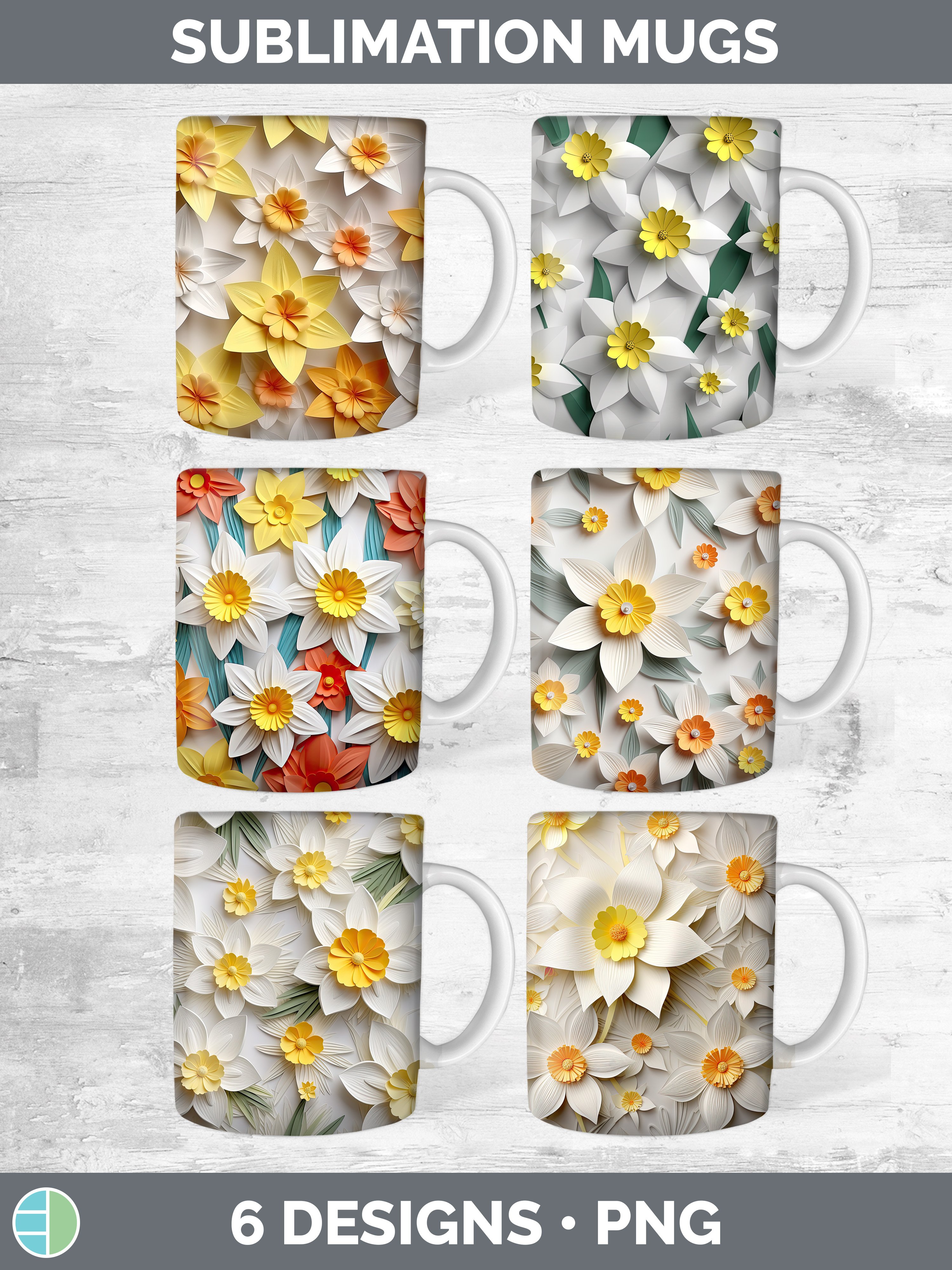3D Paper Daffodil Flowers Mug Wrap | Bundle Coffee Cup Desig