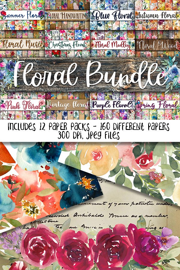 Floral Digital Paper Bundle - Includes 160 Digital Papers