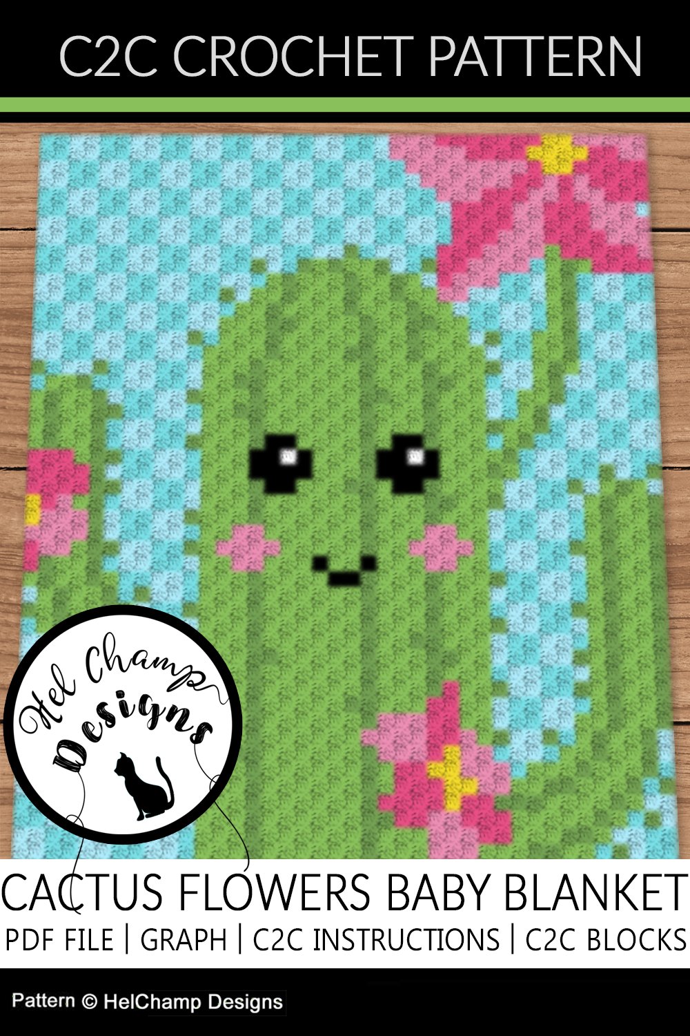 Cute cactus "Flowers Cacto" Blanket - C2C Crochet Pattern