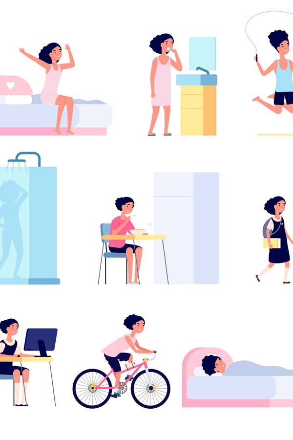 Girl daily routine. Cute child morning, isolated kid every d