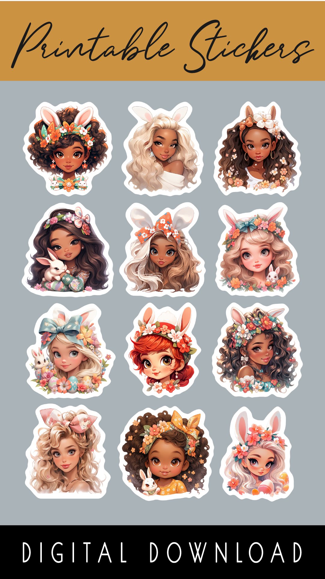 Easter Bunny Girl Stickers Bundle, Easter Printable Stickers