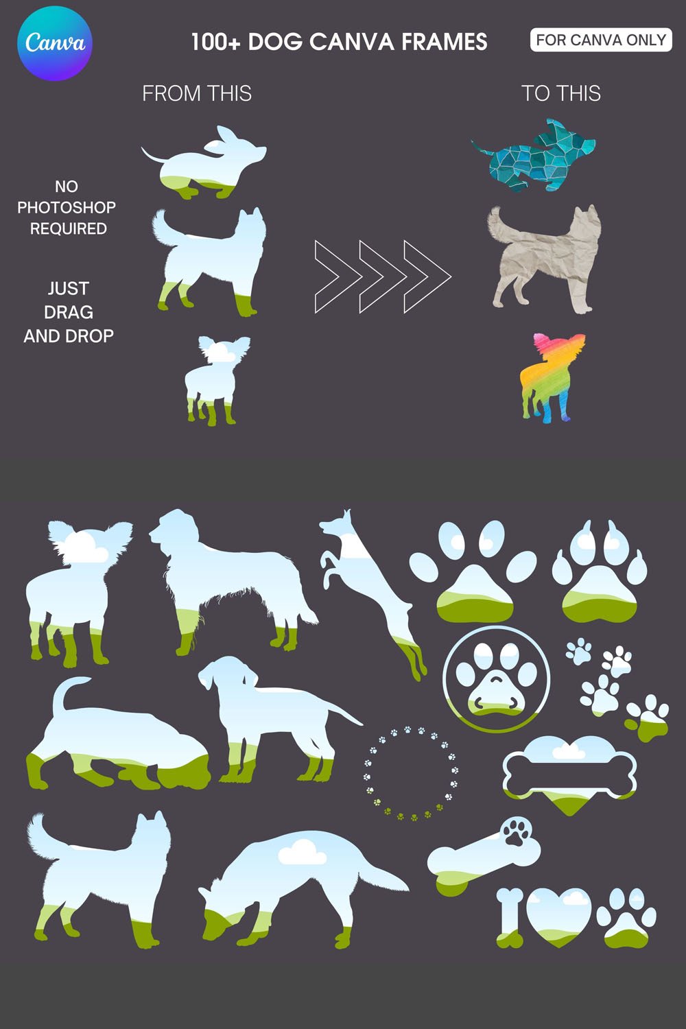 Custom CANVA Frames Dogs Bundle, Drag and Drop