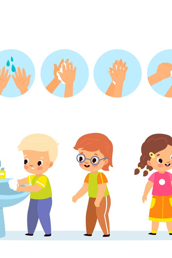 Washing hands teach. Children characters with kindergarten t