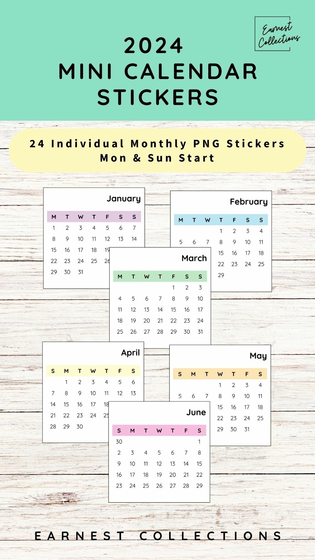 2024 mini calendar stickers for bullet journal and planner