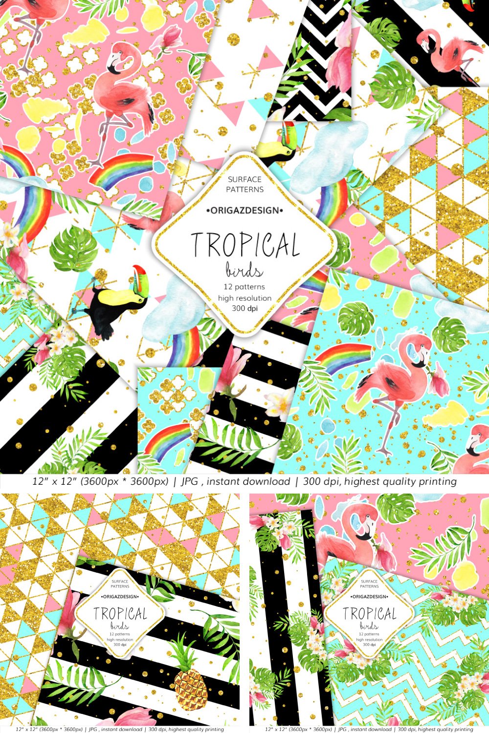 Summer Birds Watercolor Tropical Seamless Digital Paper Pack